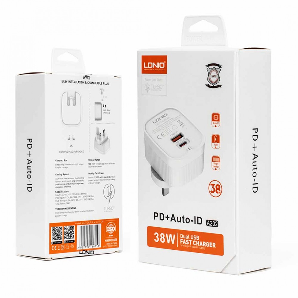 شاحن جداري منفذ USB منفذ PD يدعم الشحن السريع LDNIO A202